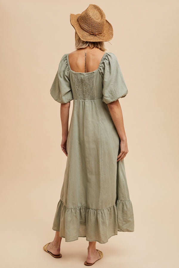 Sage Linen Puff Sleeve Dress