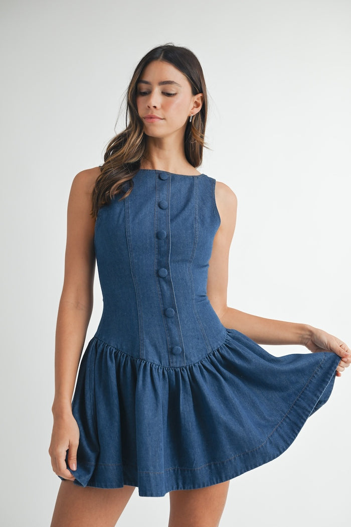 Denim Button Front Low Waist Mini Dress