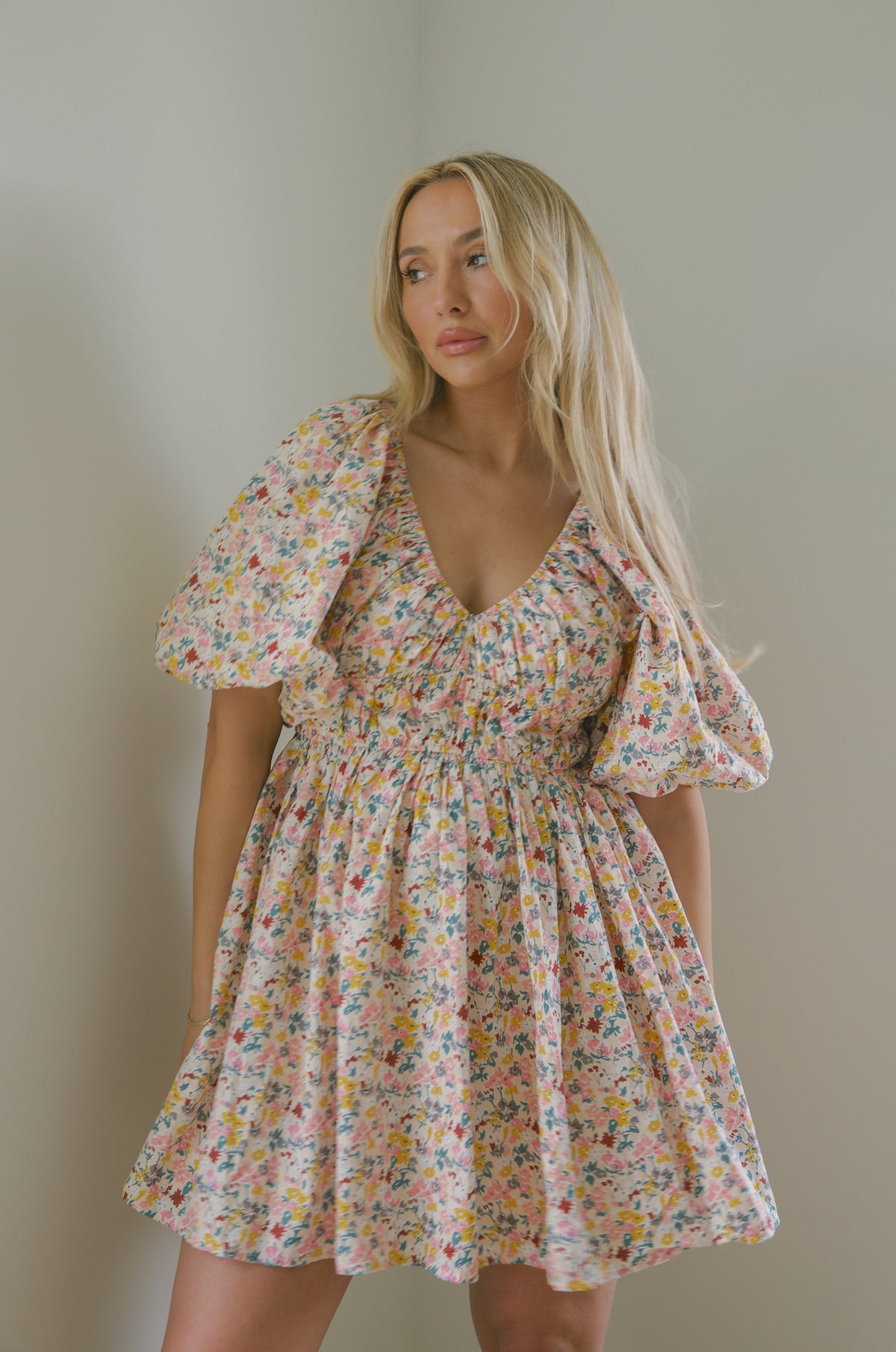 Floral V Neck Puff Sleeve Mini Dress