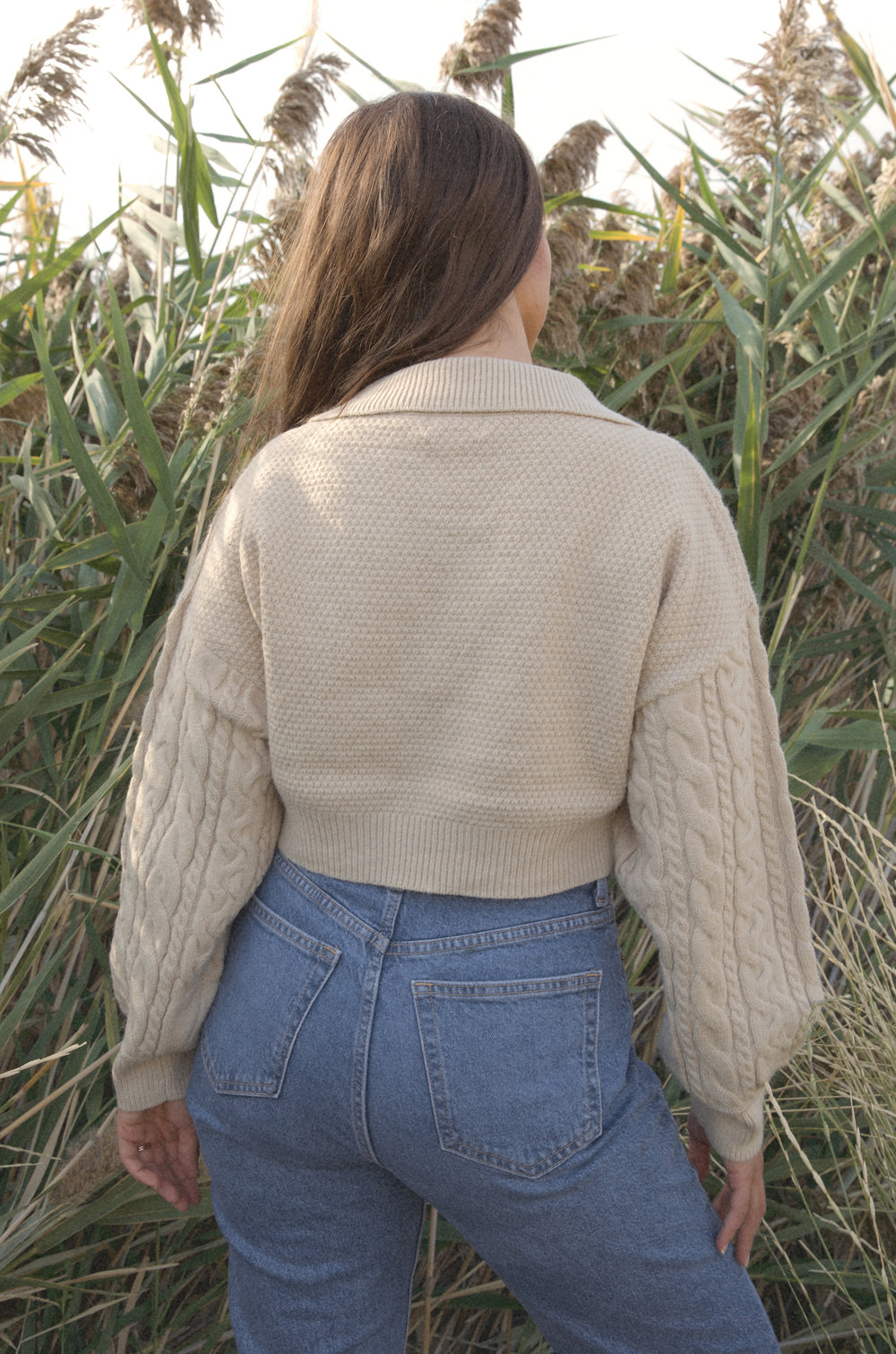 Beige Cable Cropped Knit Sweater