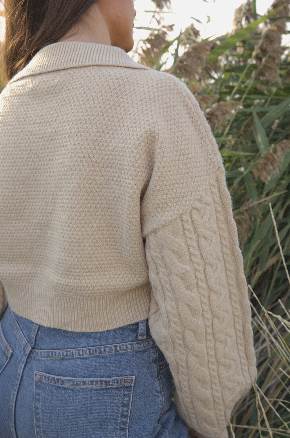 Beige Cable Cropped Knit Sweater