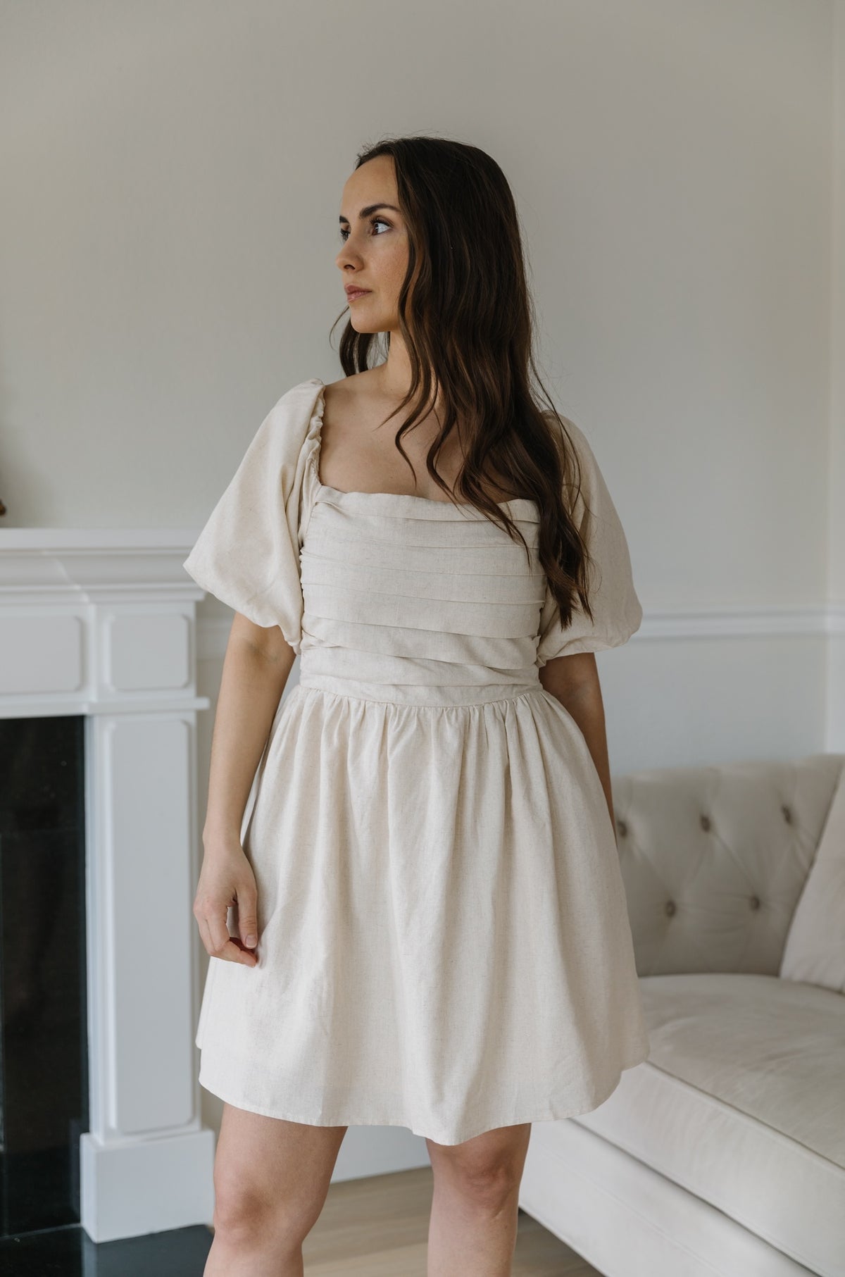 Linen Puff Sleeve Mini Dress