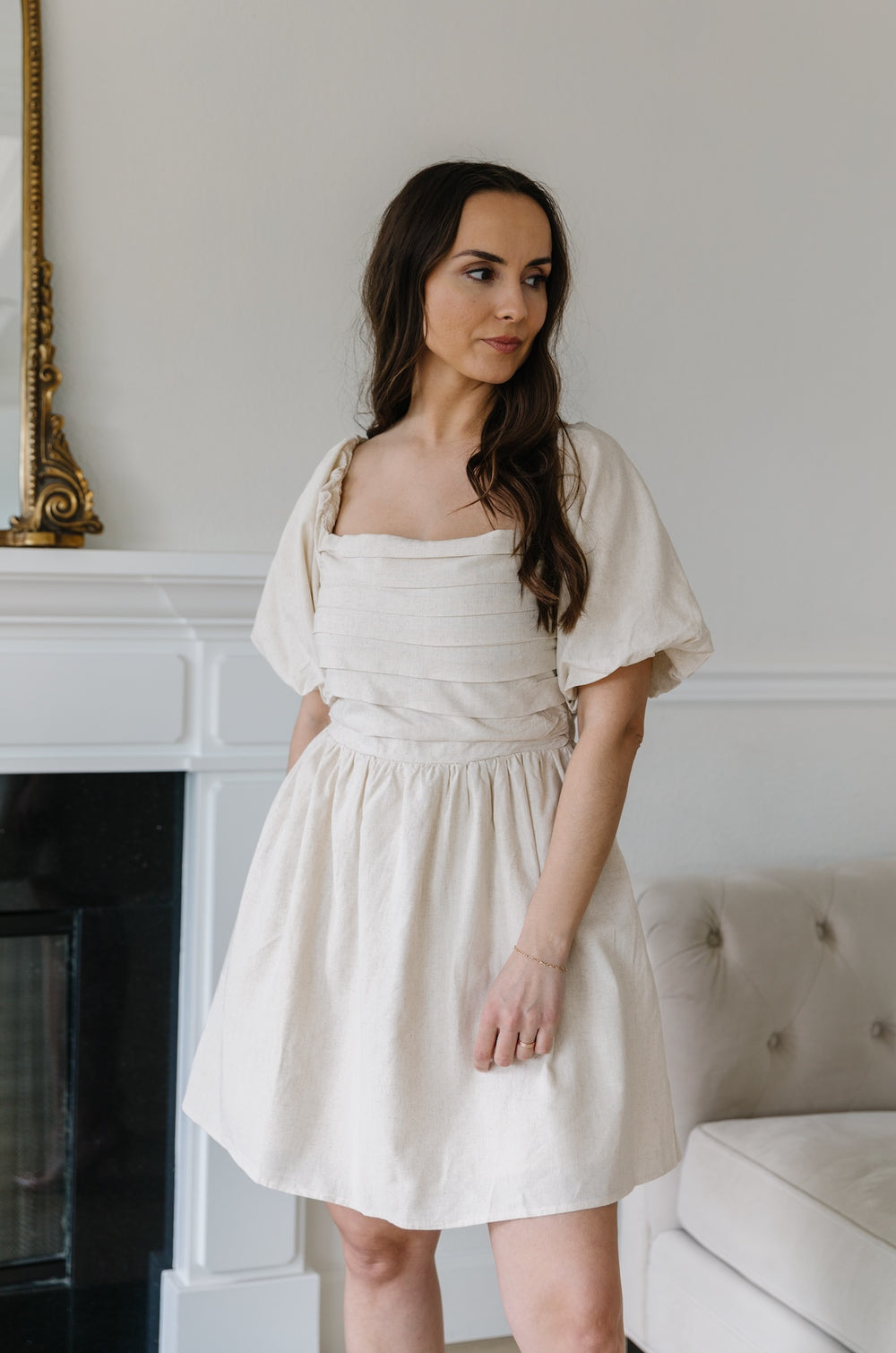Linen Puff Sleeve Mini Dress