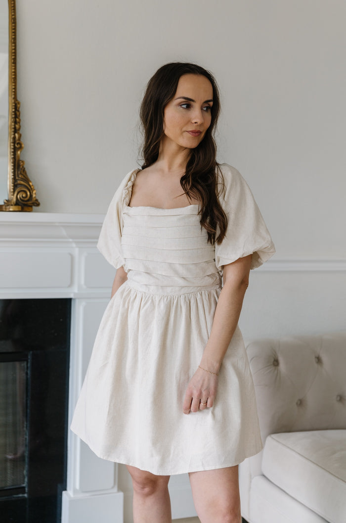 Linen Puff Sleeve Mini Dress