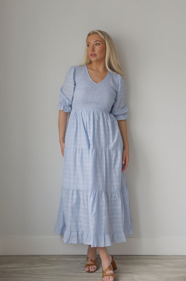 Blue Smocked Modest Midi Dress