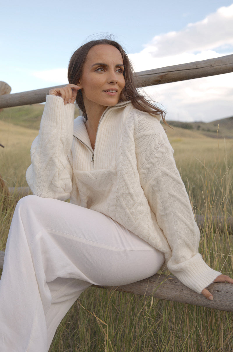 White Cable Knit Half Zip Sweater