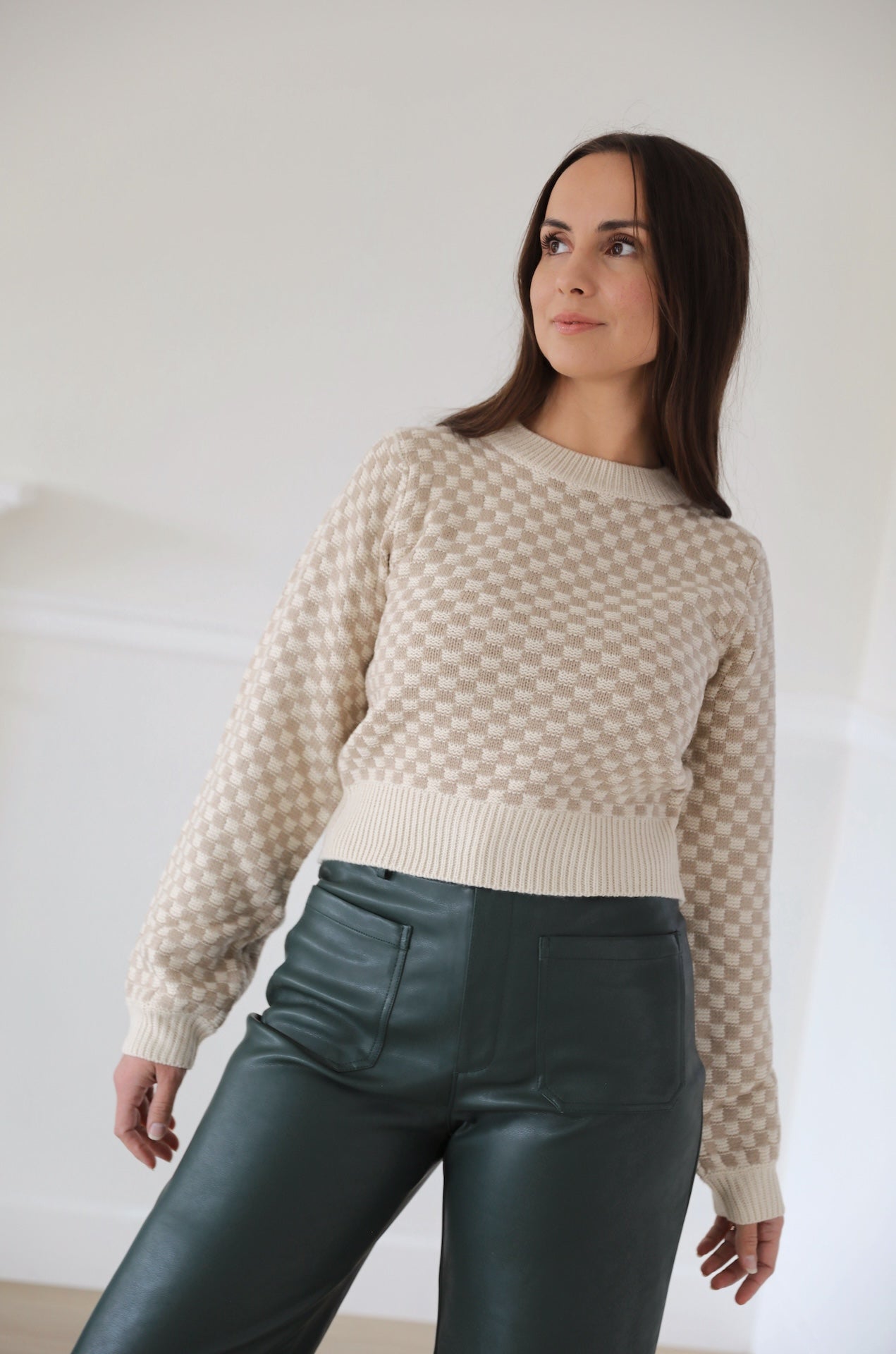 Taupe Gingham Sweater