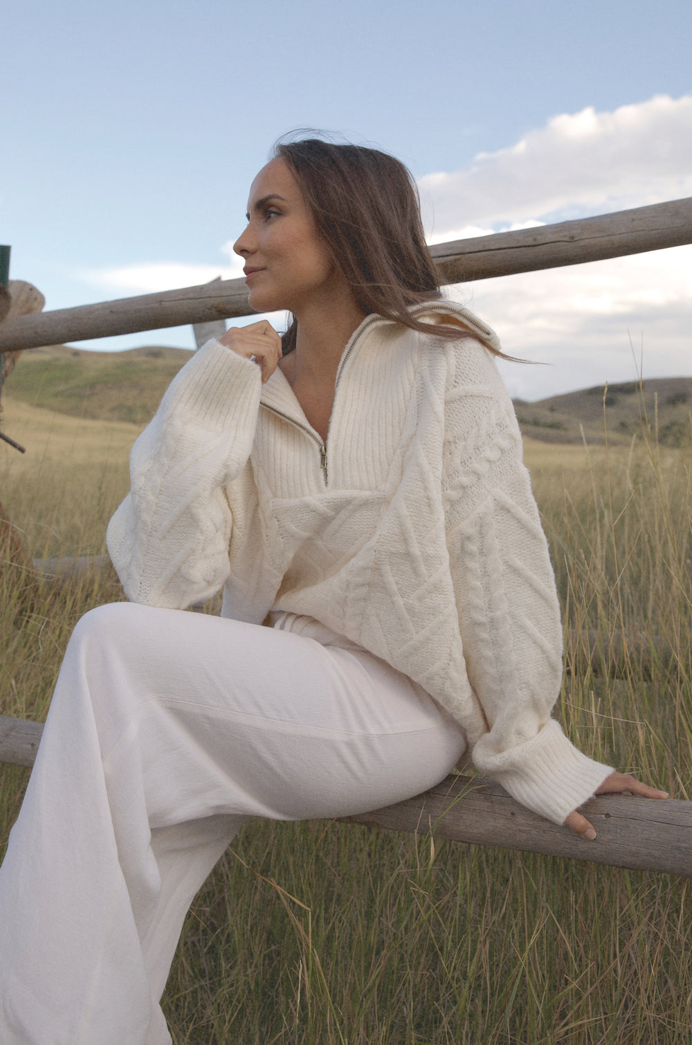 White Cable Knit Half Zip Sweater