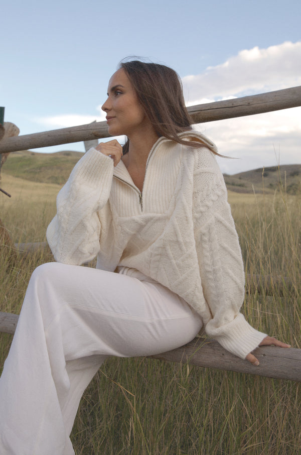 White Cable Knit Half Zip Sweater