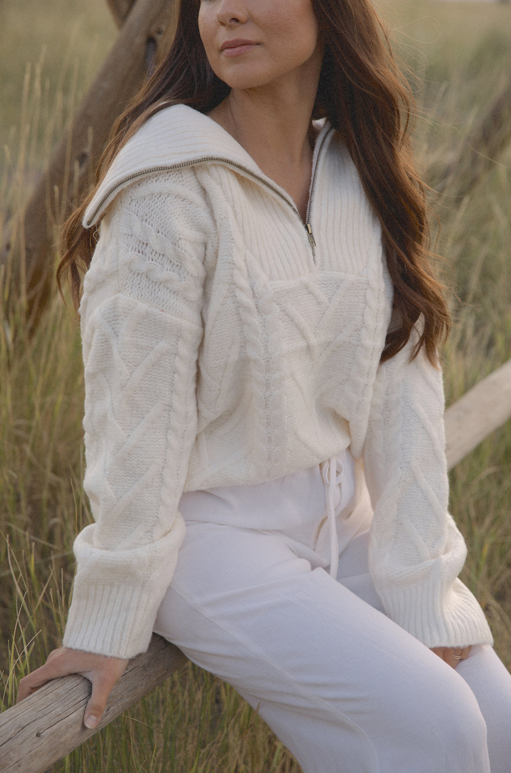 White Cable Knit Half Zip Sweater