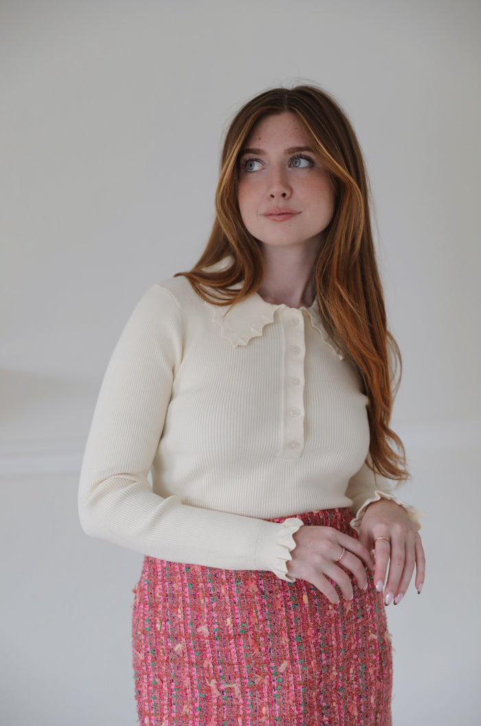 Ivory Scallop Collar Long Sleeve Top