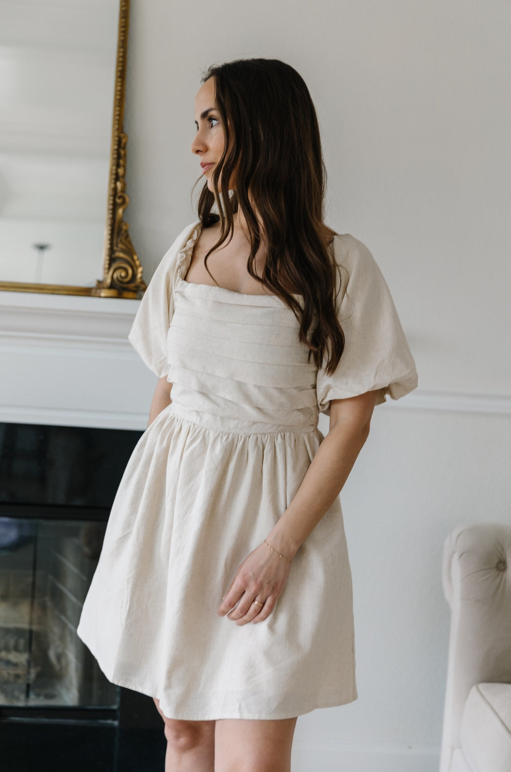 Linen Puff Sleeve Mini Dress