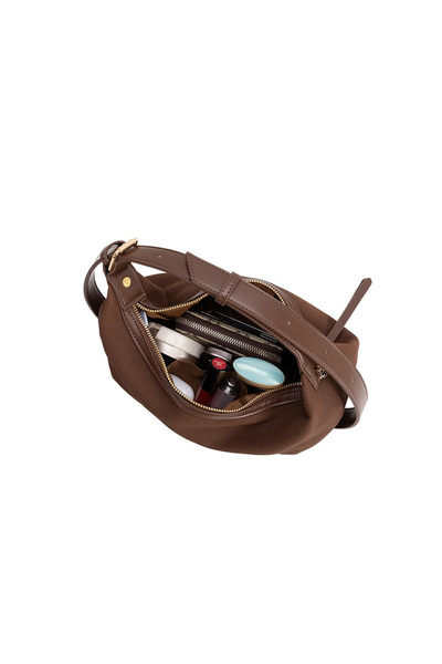 Melie Bianco Lilith Brown Suede Hobo Bag - Vegan Brown Crescent Bag
