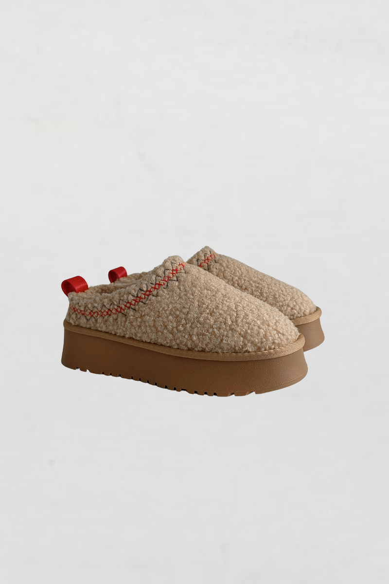 Beige Platform Sherpa Slippers