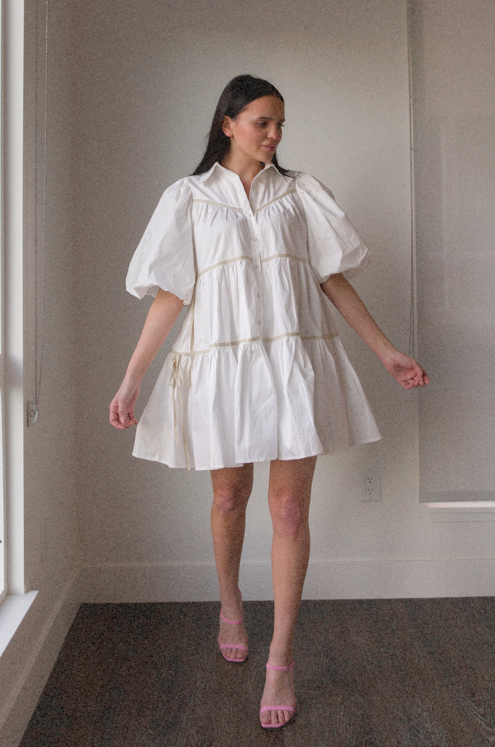 White Balloon Sleeve Mini Dress