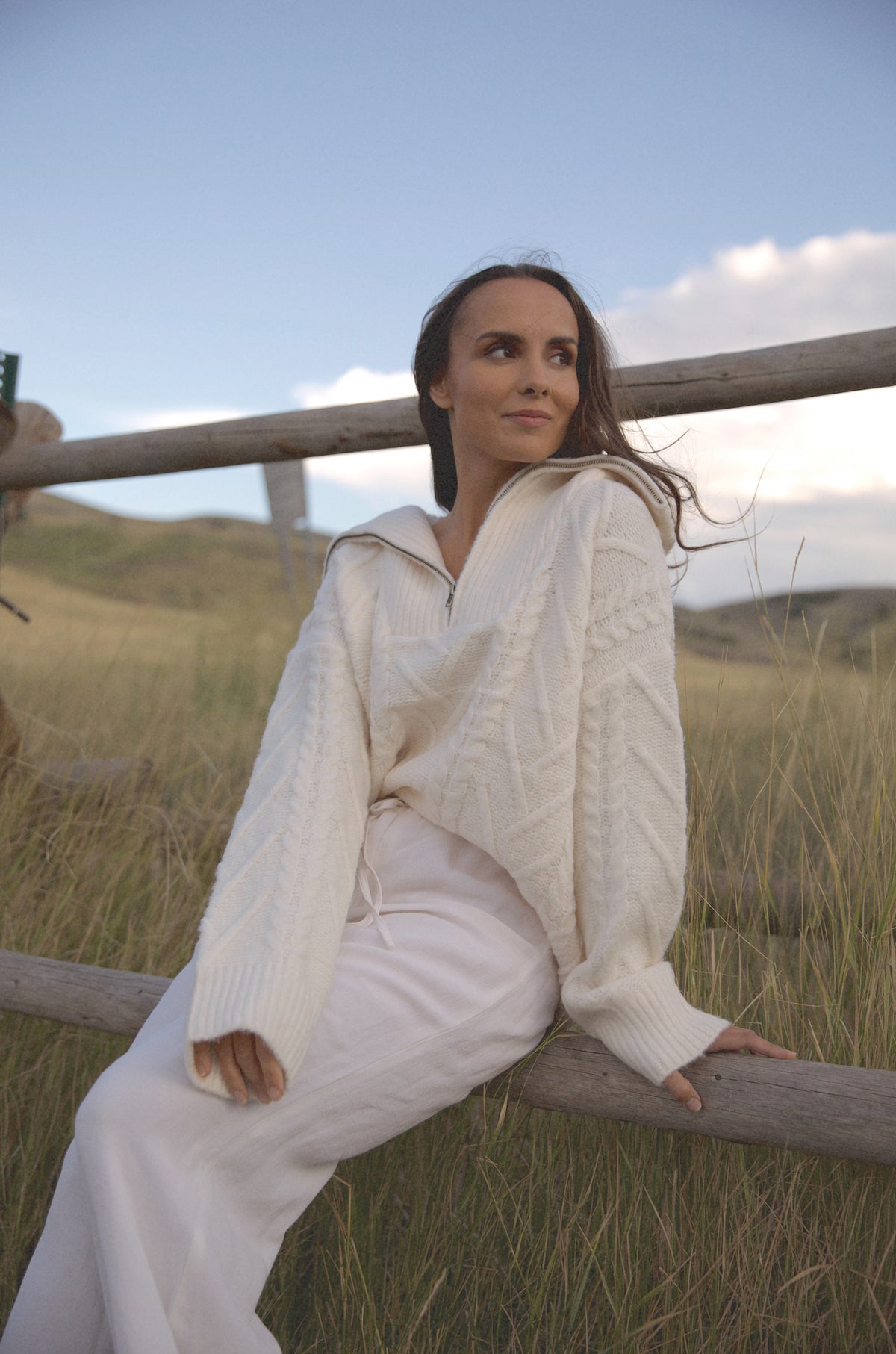 White Cable Knit Half Zip Sweater
