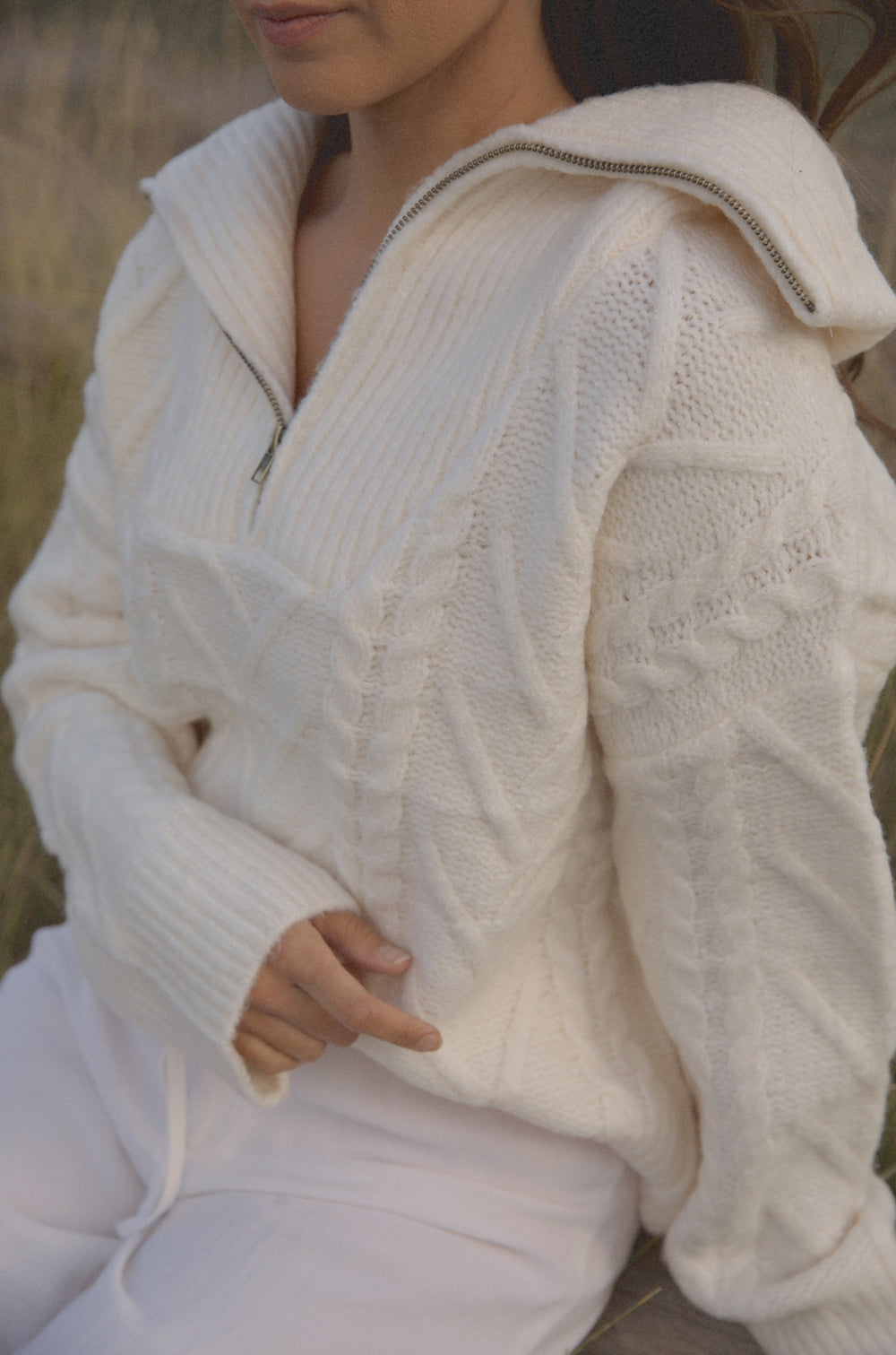 White Cable Knit Half Zip Sweater