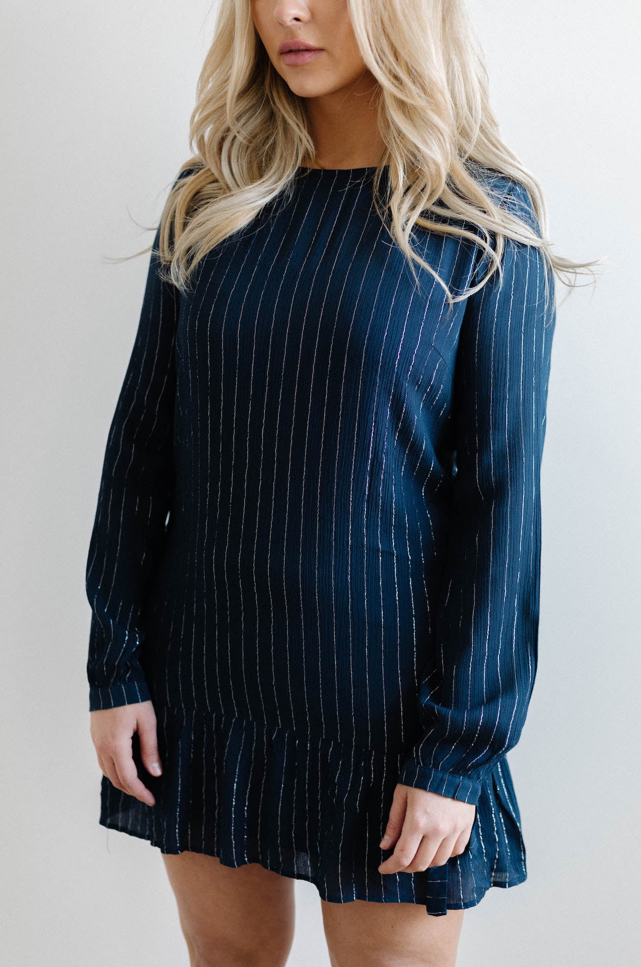 Royal blue long sleeve mini dress with stripes
